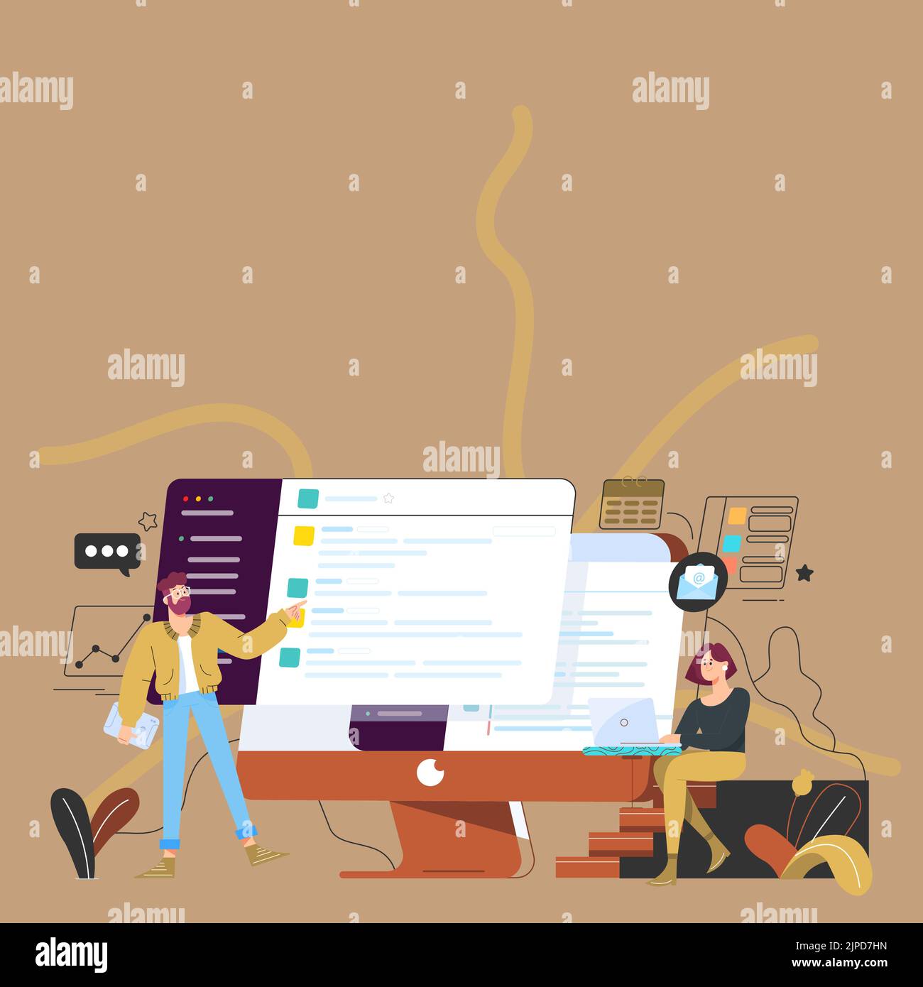 Couple Drawing Using Desktop Computer. Man Pointing Monitor Screen ...