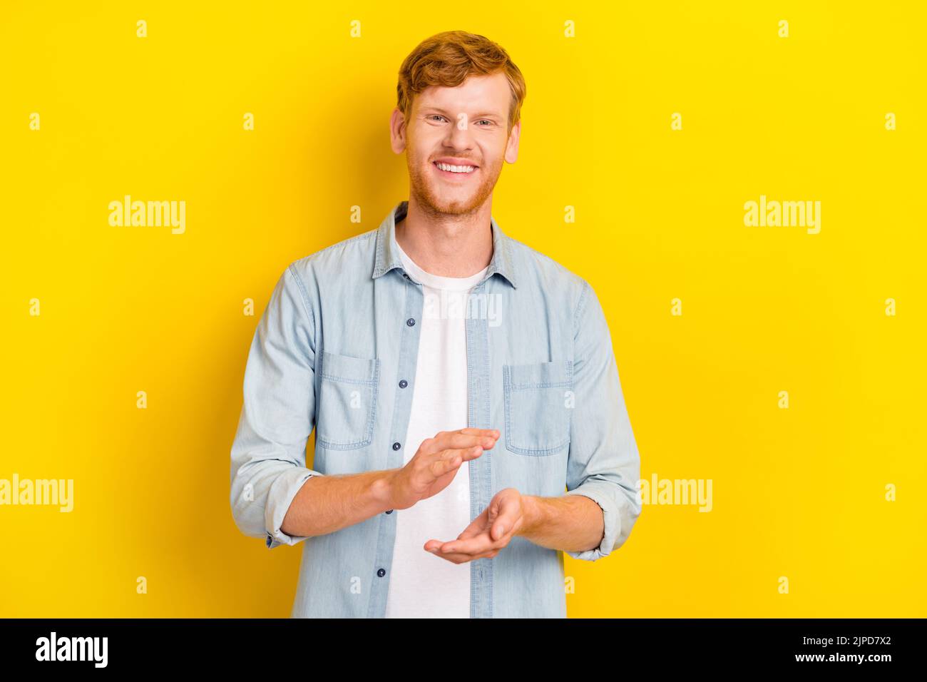 Photo of good mood handsome businessman clap hand arm support his ...