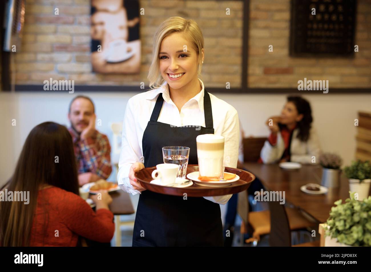 smiling, serve, tray, waitress, smile, serves, trays Stock Photo - Alamy