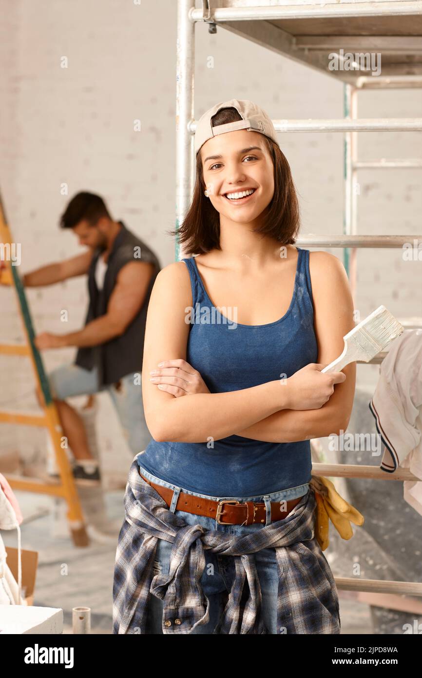 young woman, happy, portrait, construction site, paint, new home, girl ...