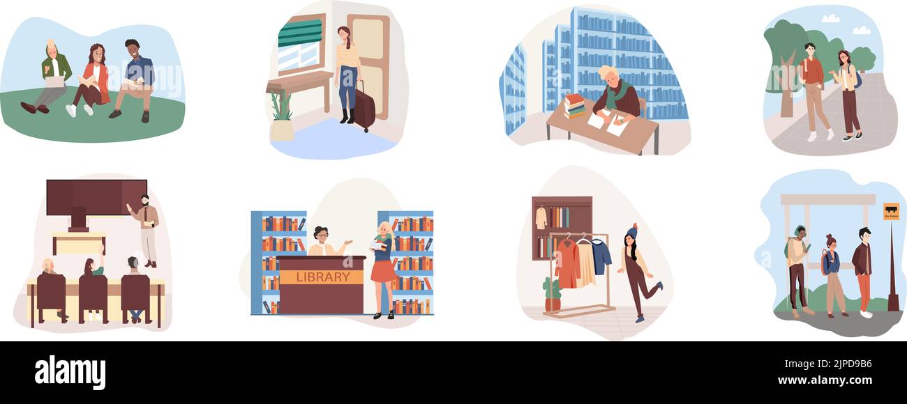 A cartoon illustration set showing a day in school- back to school ...