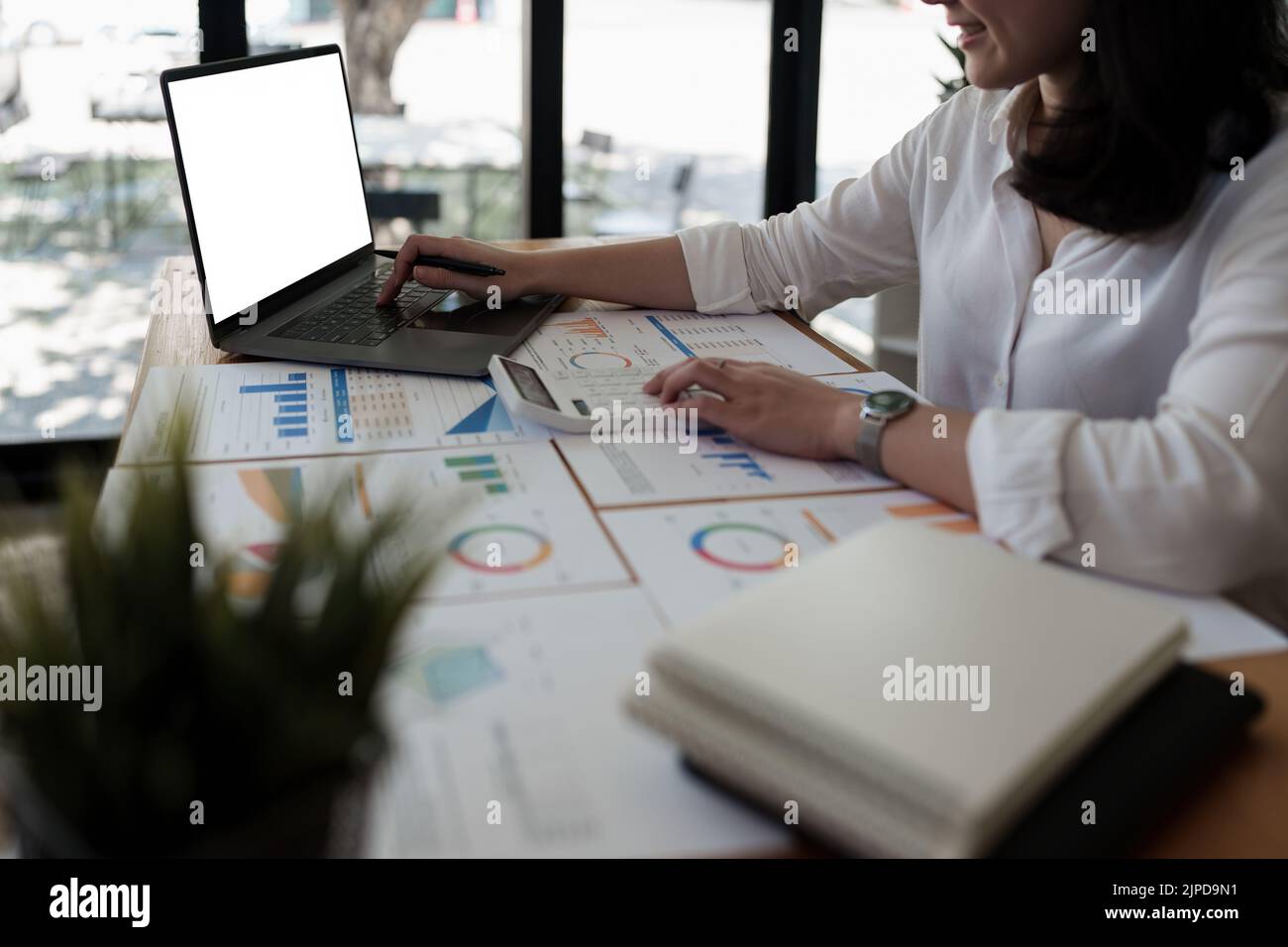 Modern business woman analysis financial with laptop application Stock ...