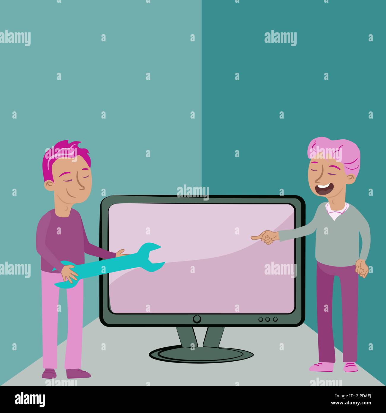 Man With Wrench Finding Issues With Device. Man Pointing On Tv Screen ...