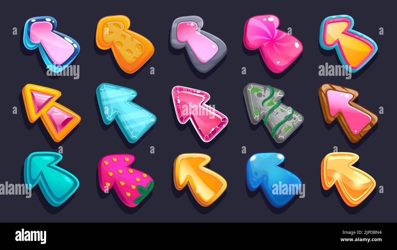 Game arrows asset. Cartoon cursors and pointers interface elements, arrows of different shapes ...