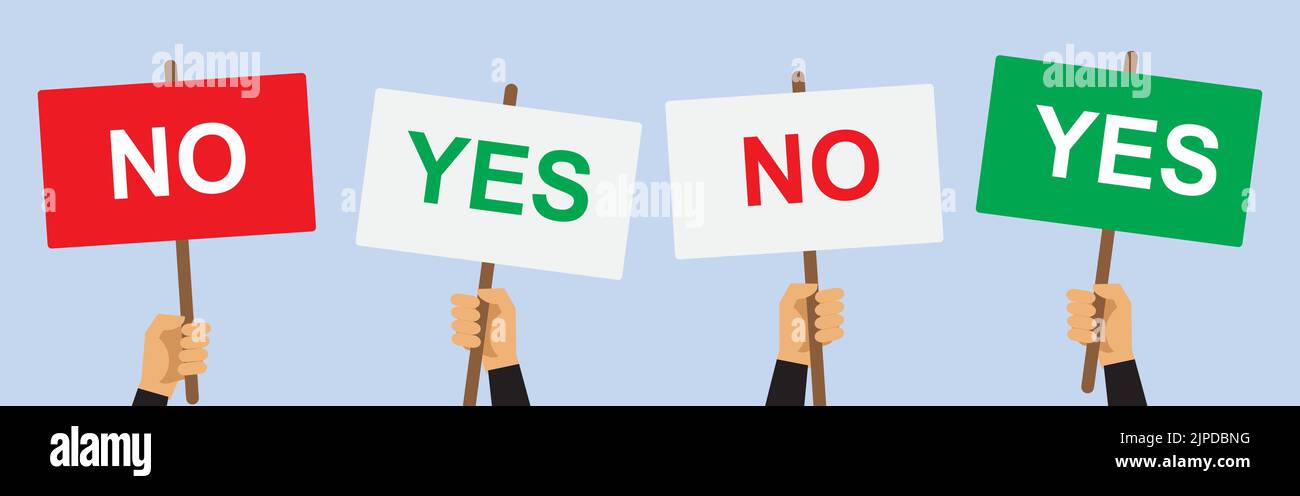 A vector illustration of hands holding yes and no signs- election ...