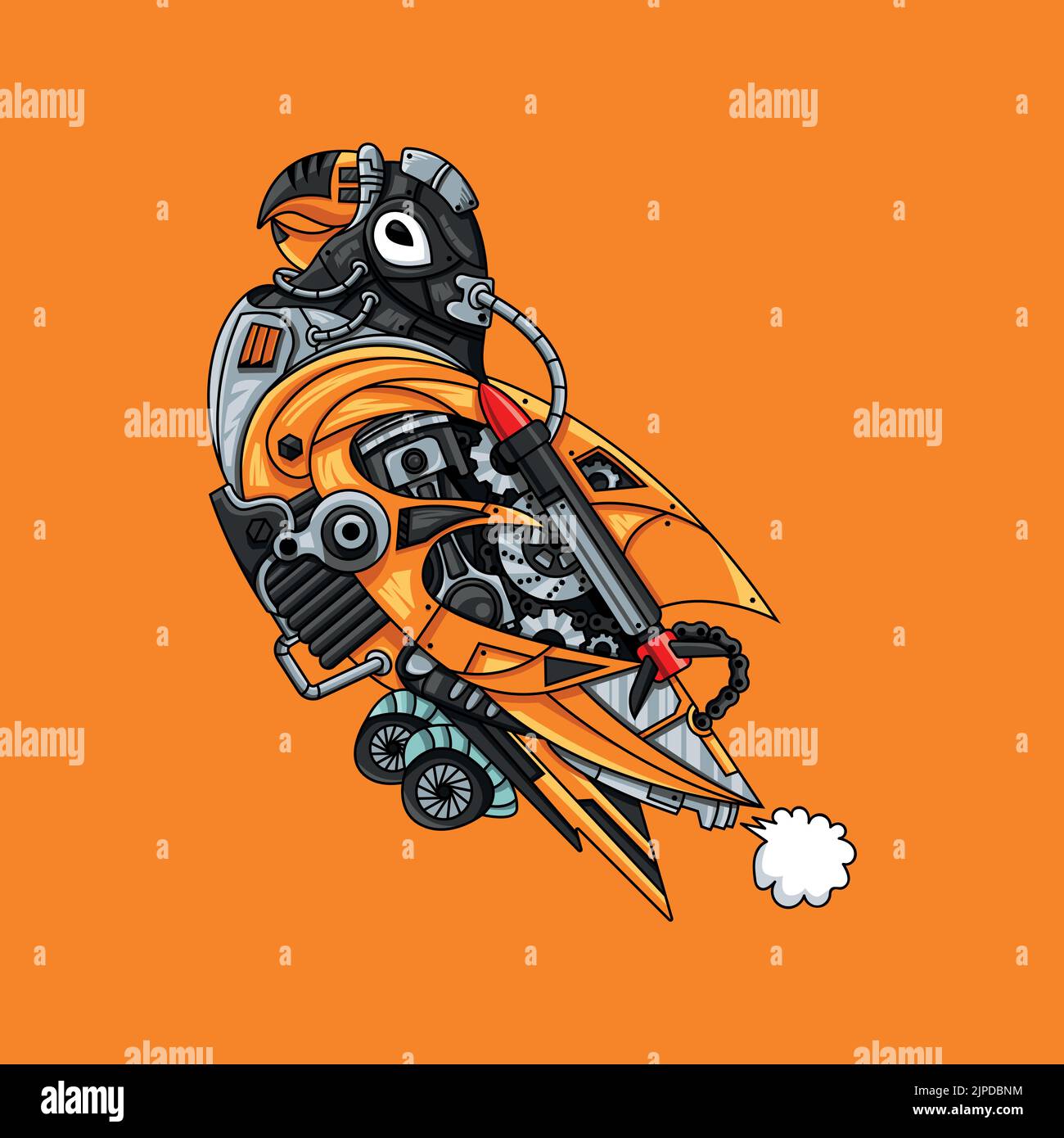 An illustration of a robotic parrot with rockets on its wings on an ...