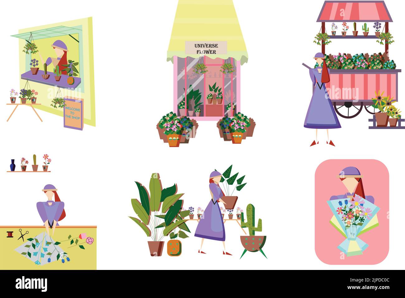 A cartoon-style flower shop stickers or logos set Stock Vector Image ...