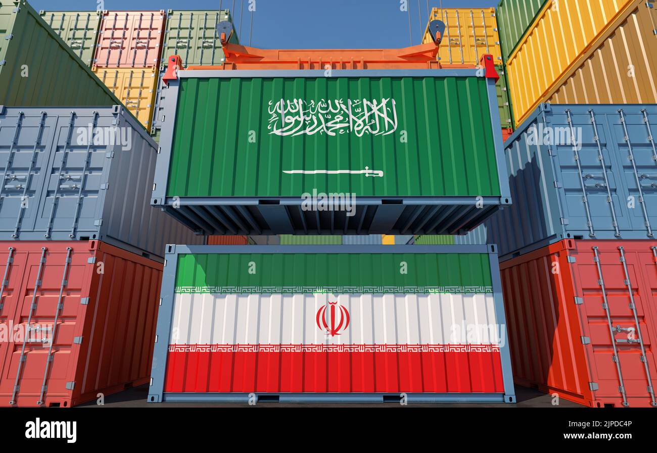 Cargo containers with Iran and Saudi Arabia national flags. 3D ...