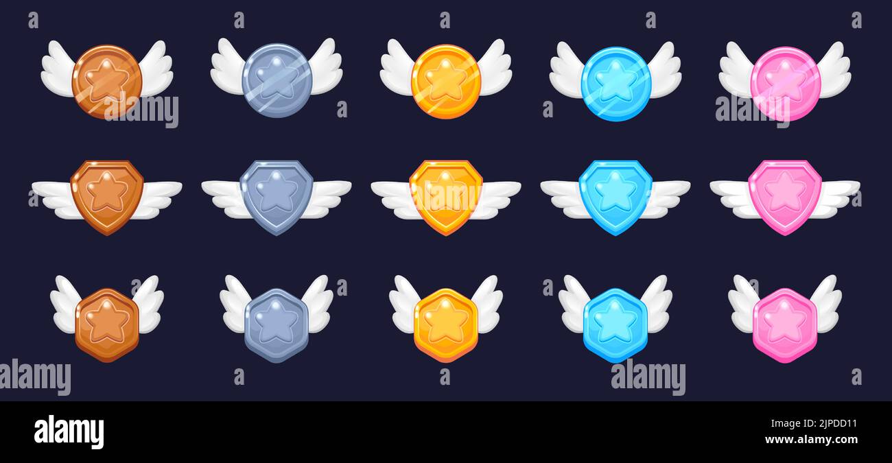 Game achievement badge. Cartoon level up and challenge win rank award ...