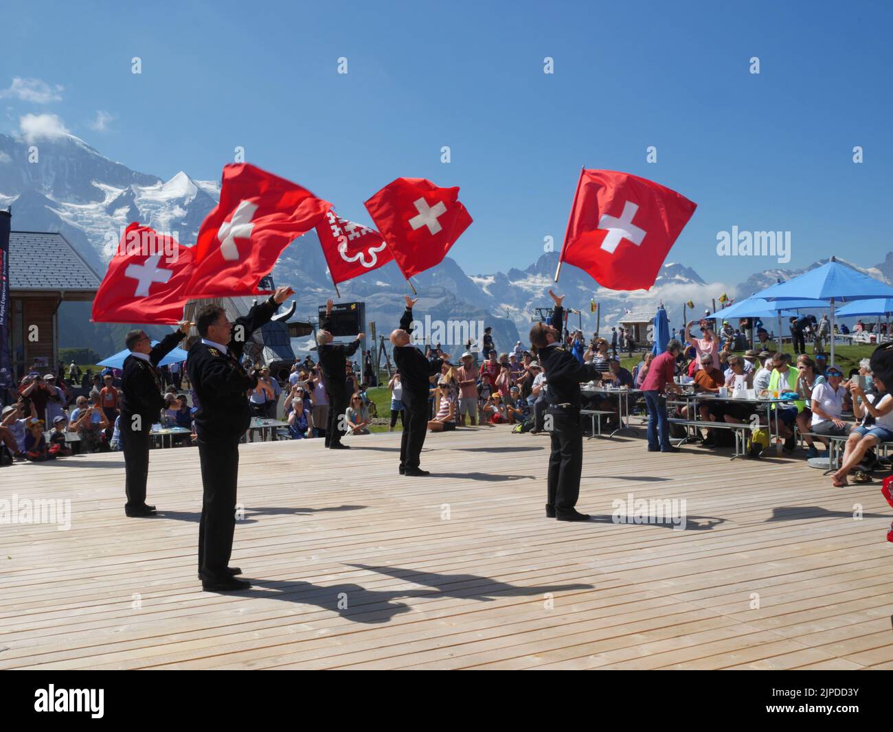 Swiss flag throwers, Mannlichen, Wengen, Bernese Oberland, Switzerland ...