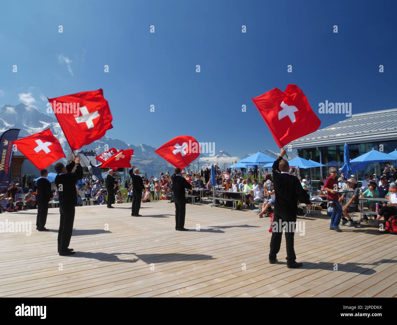 Swiss flag throwers, Mannlichen, Wengen, Bernese Oberland, Switzerland ...