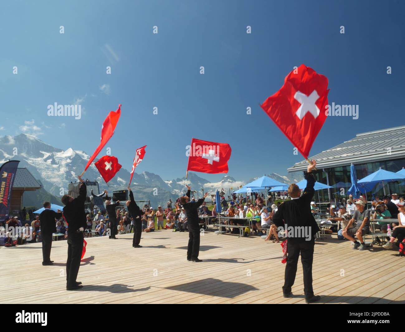 Swiss flag throwers, Mannlichen, Wengen, Bernese Oberland, Switzerland ...