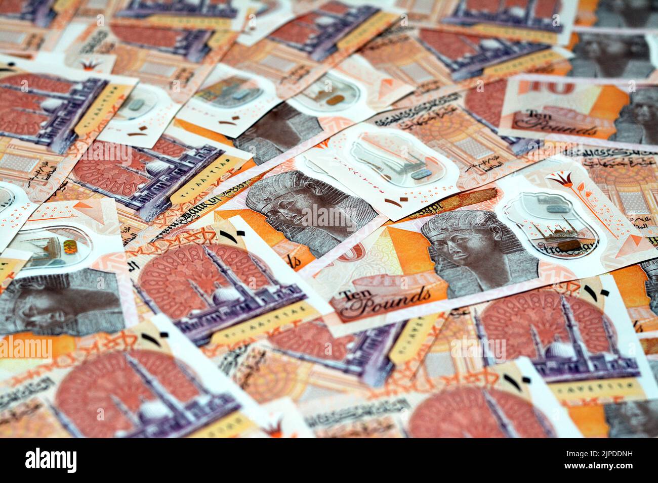 Pile of the new first Egyptian 10 LE EGP ten pounds plastic polymer ...