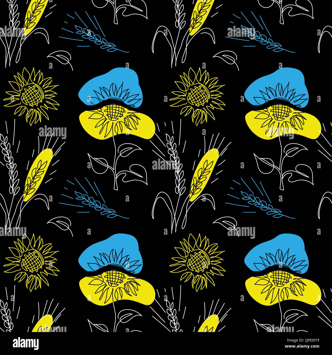 Sunflowers and wheat spikelet vector pattern on black background. One ...