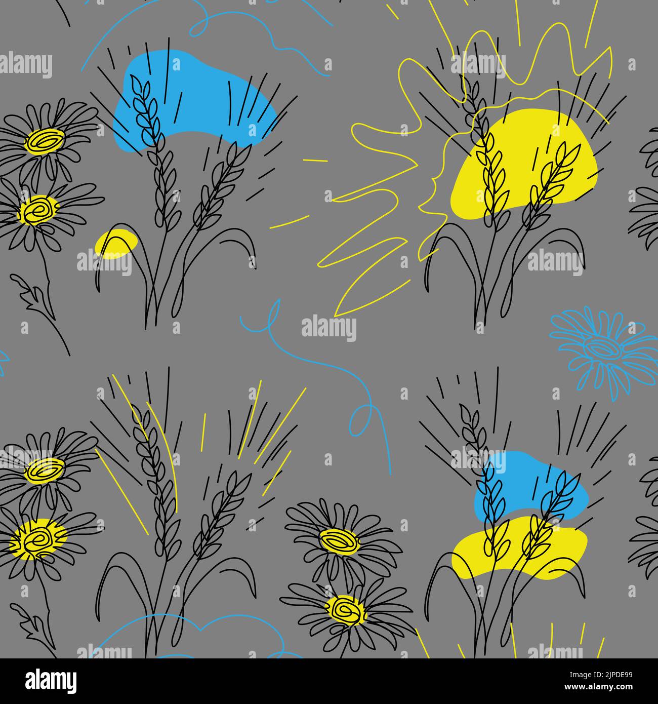 Wheat spikelet vector pattern on grey background. One continuous line ...