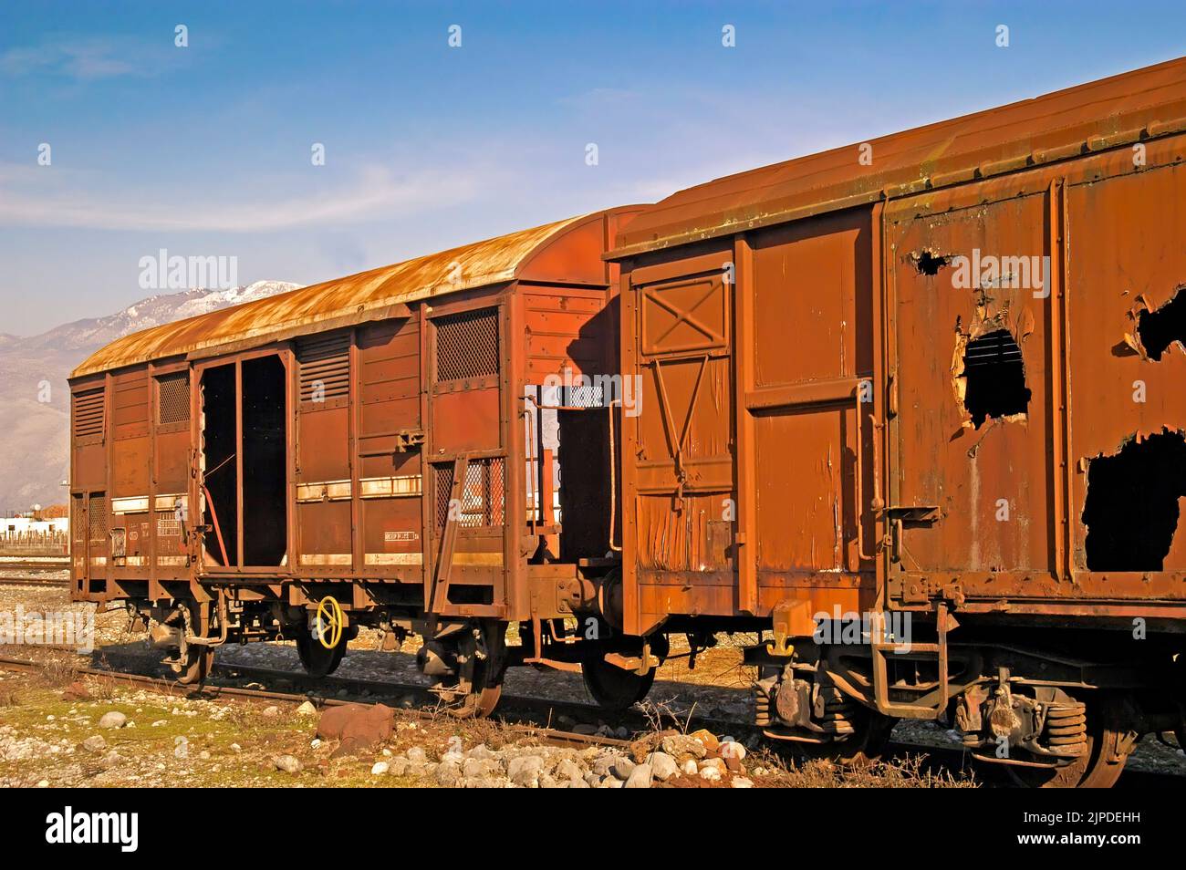 Train rolling stock,Shkoder, northern Albania Stock Photo - Alamy