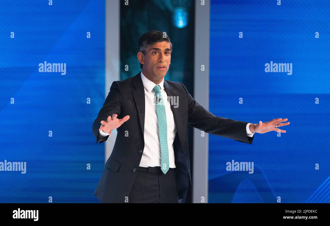 Conservative leadership candidate Rishi Sunak is questioned by the Sky ...