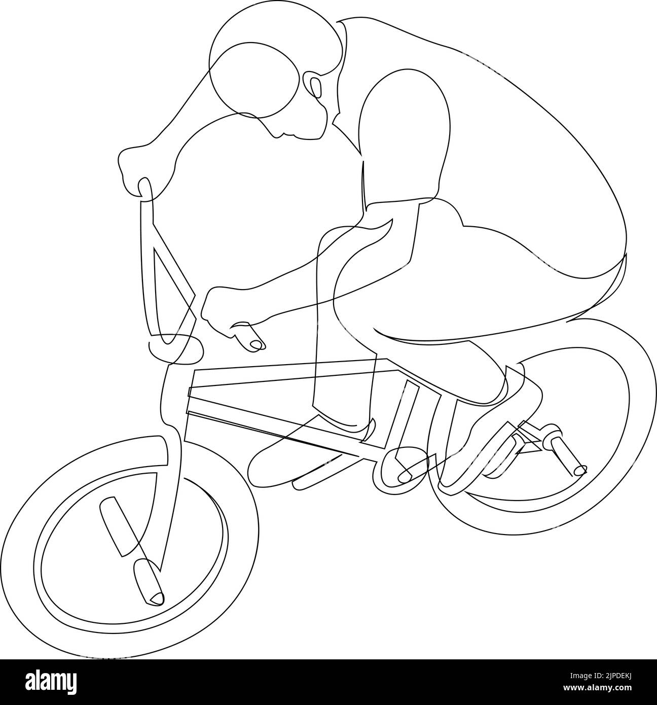 One continuous line drawing of young BMX bicycle rider does flying on ...