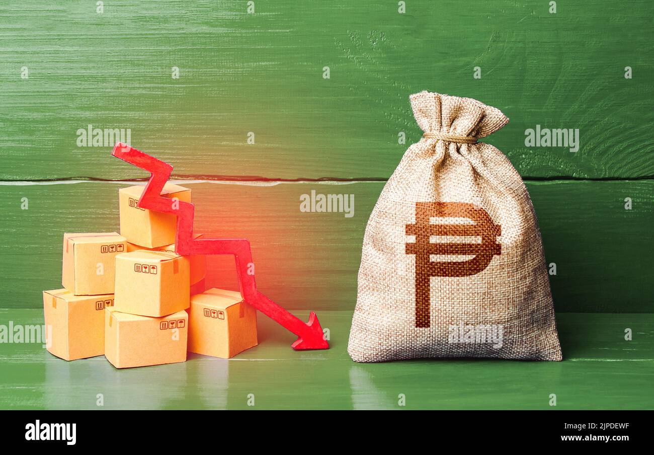 Philippine peso money bag with boxes and down arrow. Income decrease ...