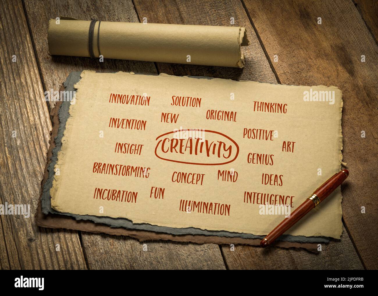 creativity concept - related cloud of words, handwriting on an antique ...