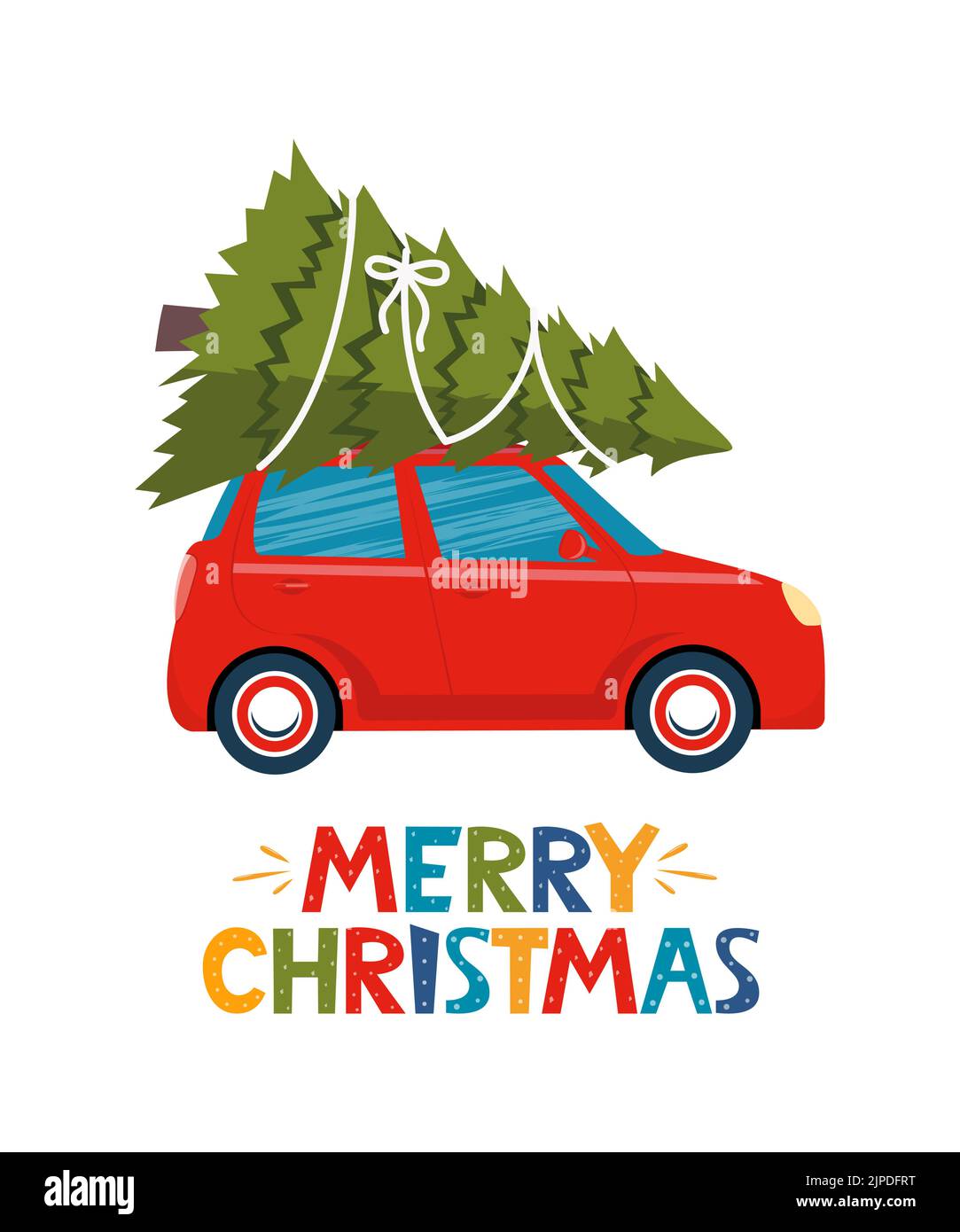 Cute red retro car with christmas tree on the roof. Merry christmas ...