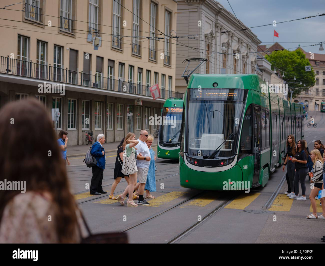 Basel, Switzerland - July 4 2022: public transport in the city. Green ...