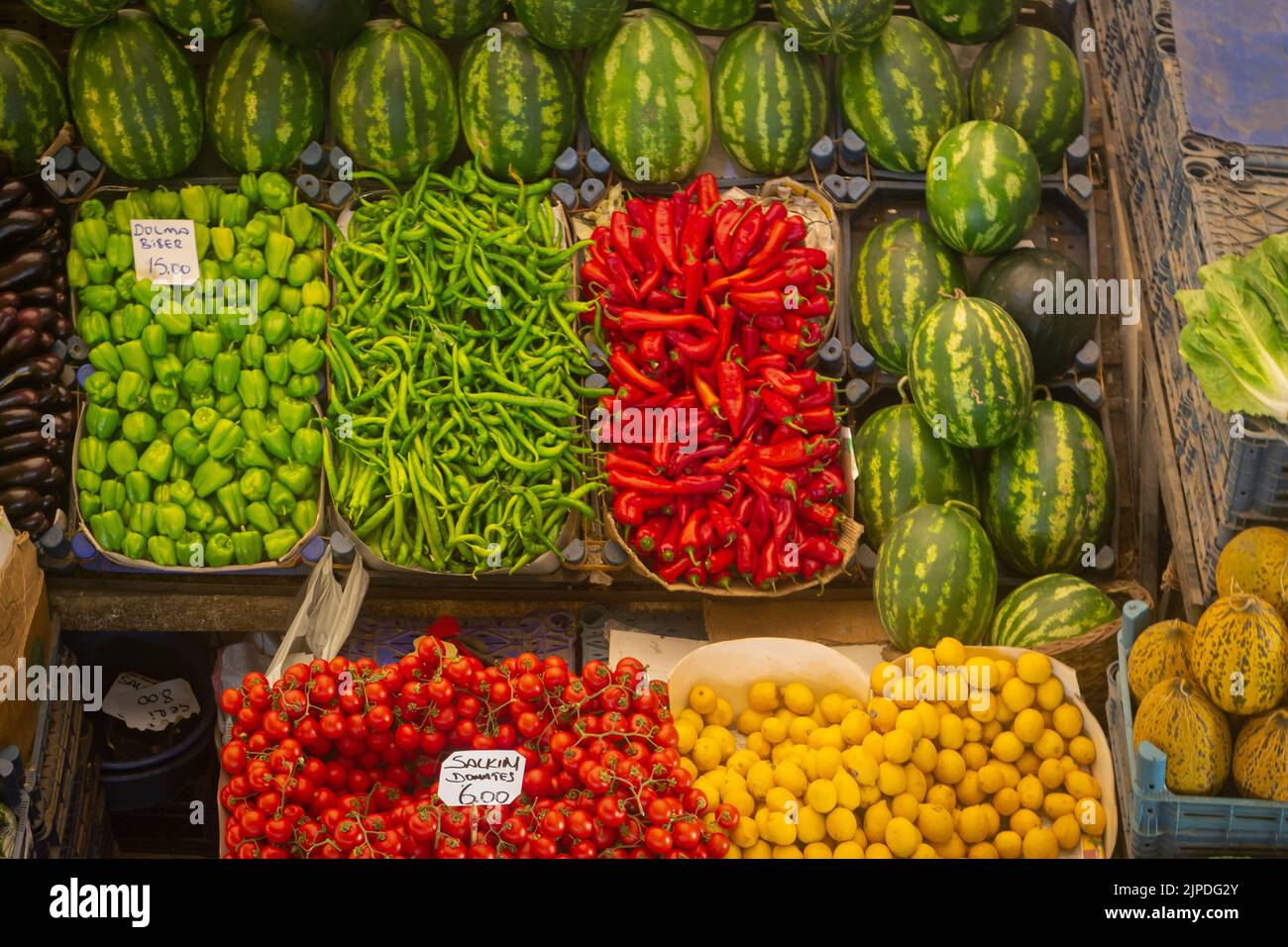 Traditional Turkish bazaar, fruit and vegetable stall, lemon, pepper ...