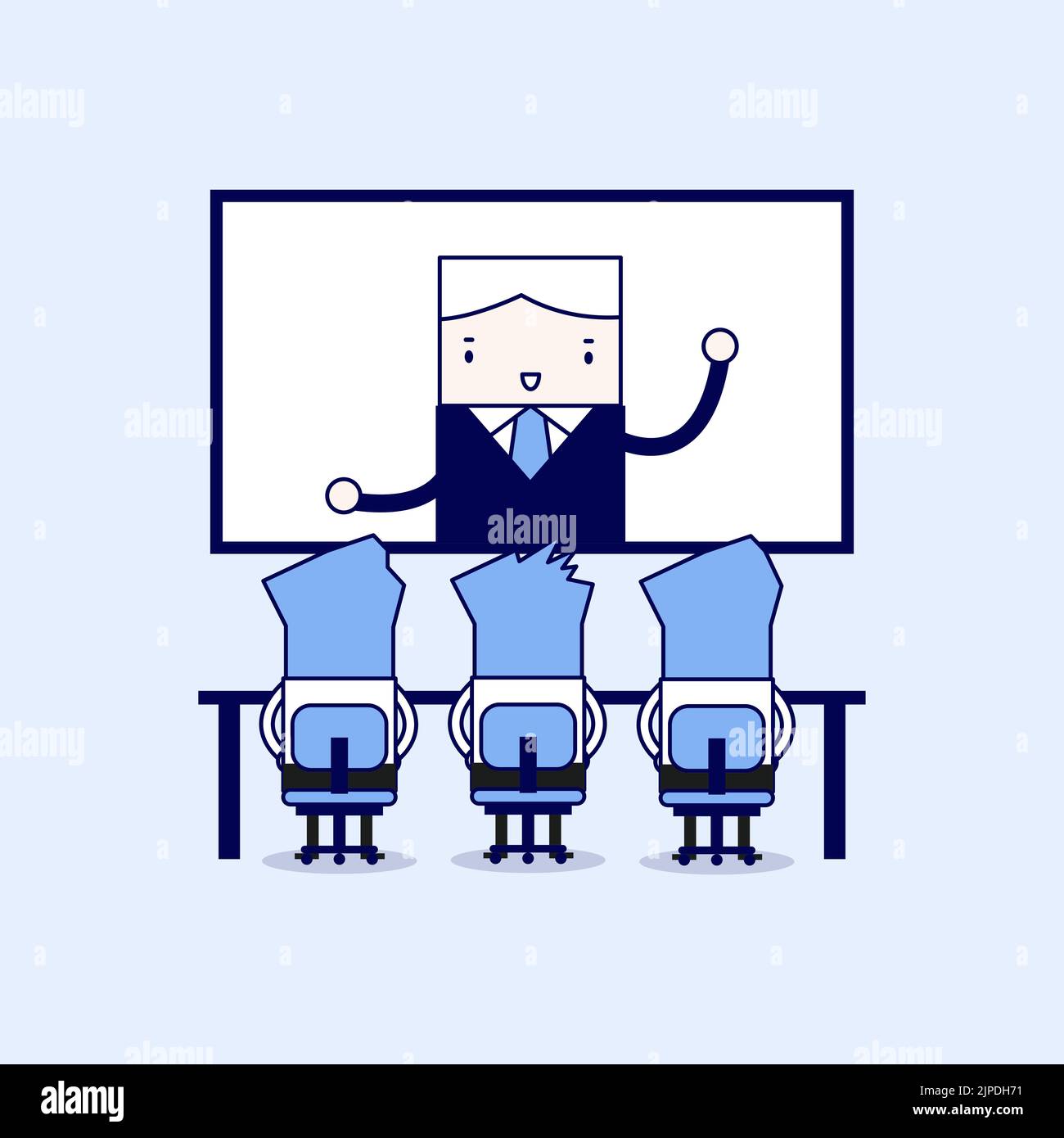 Businessmen sitting on chair, boss speaking from digital flat screen ...