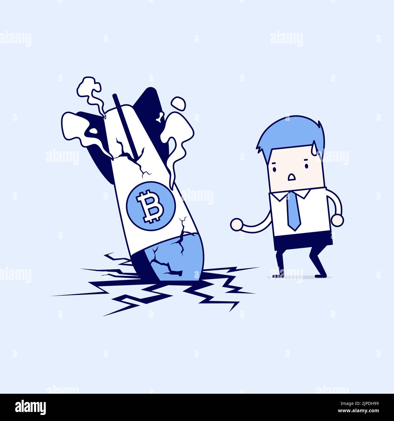 Businessman with Bitcoin rocket crash flying down. Cartoon character ...