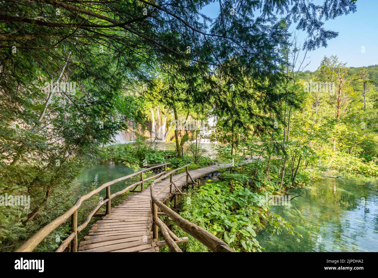 Wooden footpath at Plitvice national park, Croatia. Pathway in the ...
