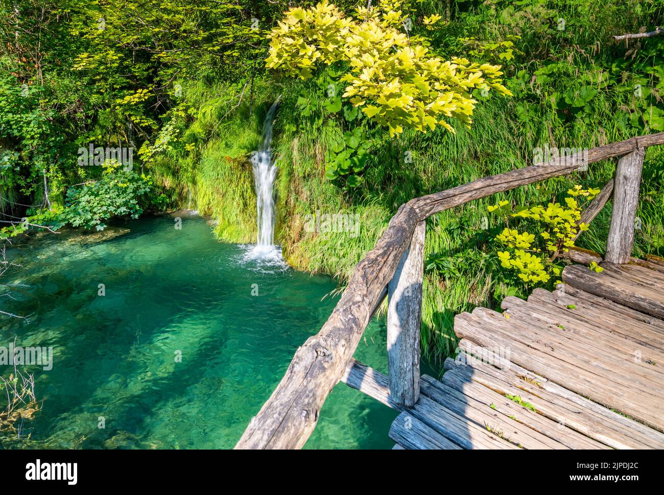 Wooden footpath at Plitvice national park, Croatia. Pathway in the ...