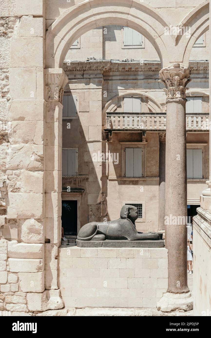 A vertical low angle view of sphynx at Diocletian's palace in Split ...
