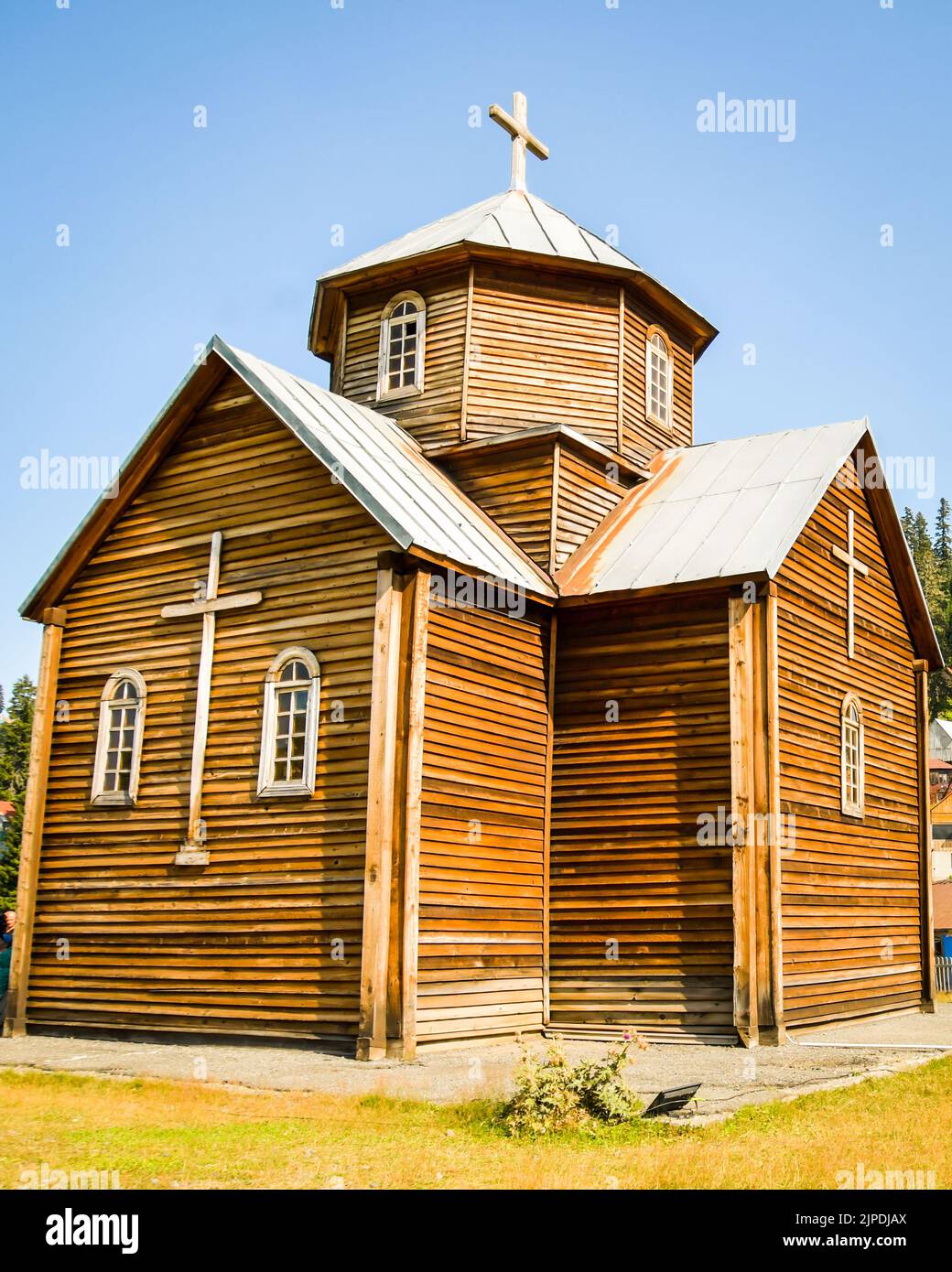 Famous tourist landmark - wooden Bakhmaro church architecture Stock ...