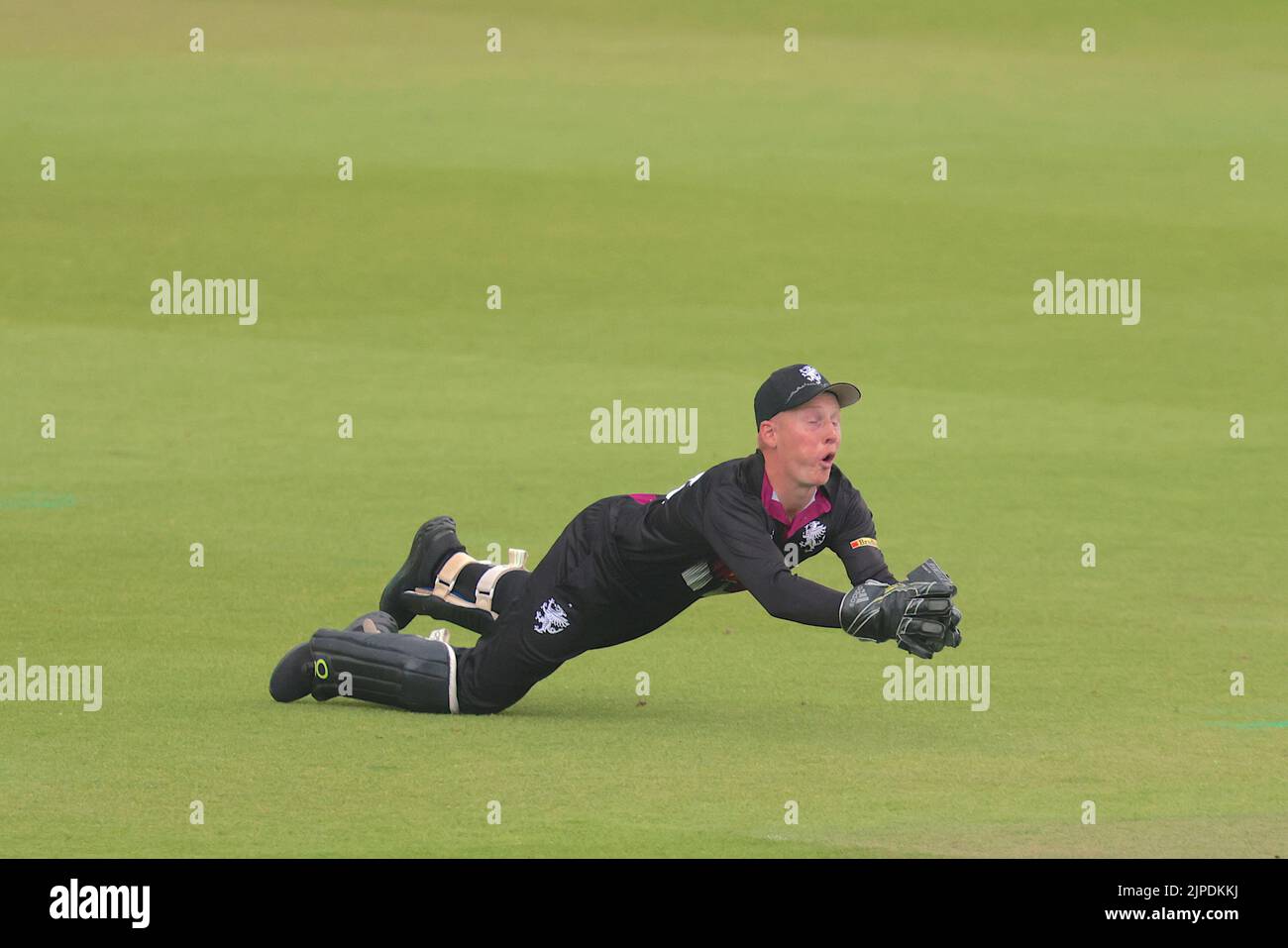 17 August, 2022. London, UK. Somerset’s James Rew takes the catch to ...