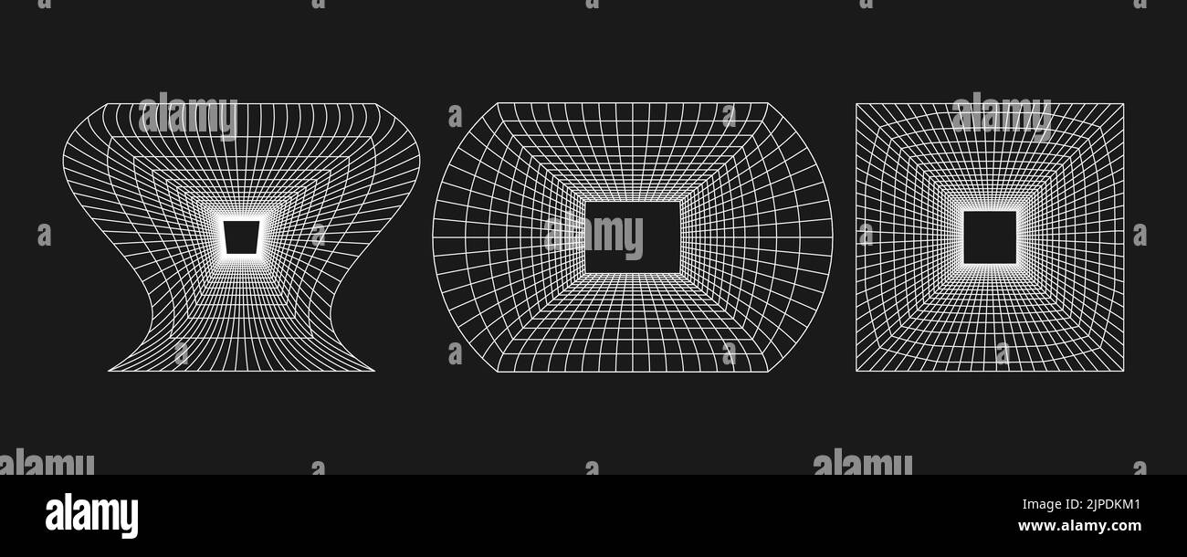 Cyber grid, retro punk perspective rectangular tunnel set. Grid tunnel geometry on black ...