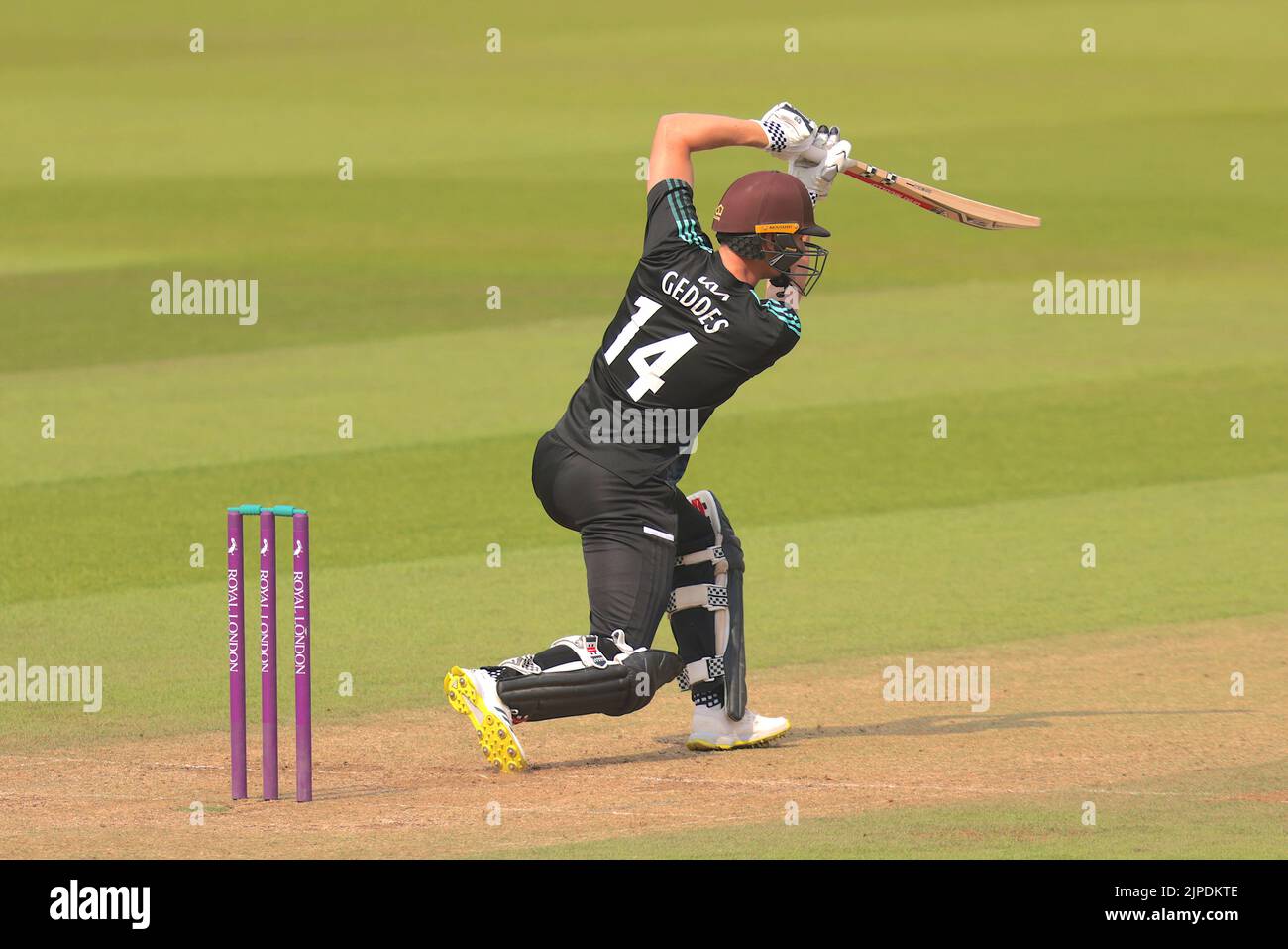 17 August, 2022. London, UK. Surrey’s Ben Geddes batting as Surrey take ...