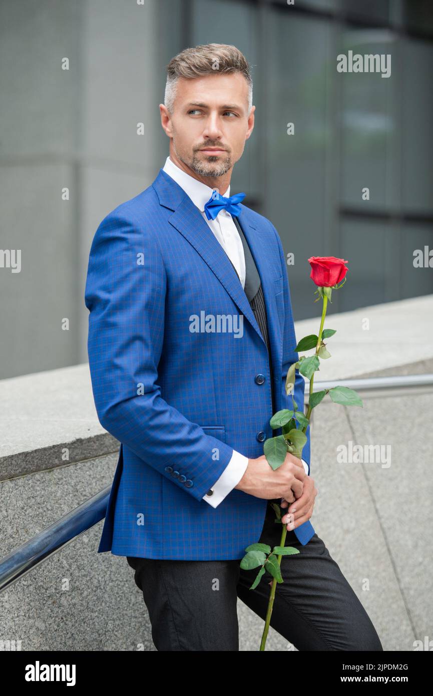 proposal concept. grizzle tuxedo man preparing for a proposal. man ...