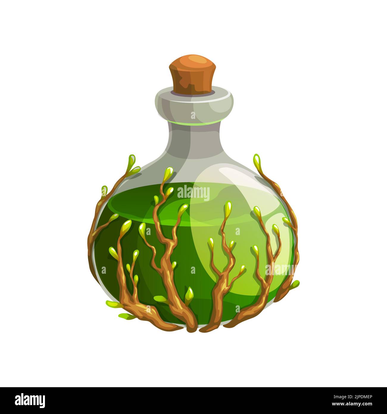 Potion bottle vector icon, green magic elixir in glass flask with tree ...