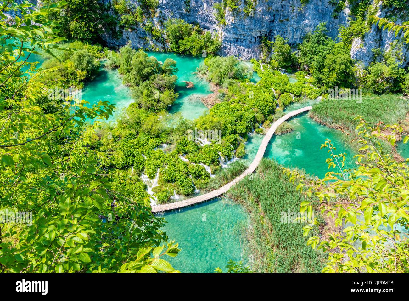 Aerial view of wooden footpath trail at Plitvice lakes, Croatia ...
