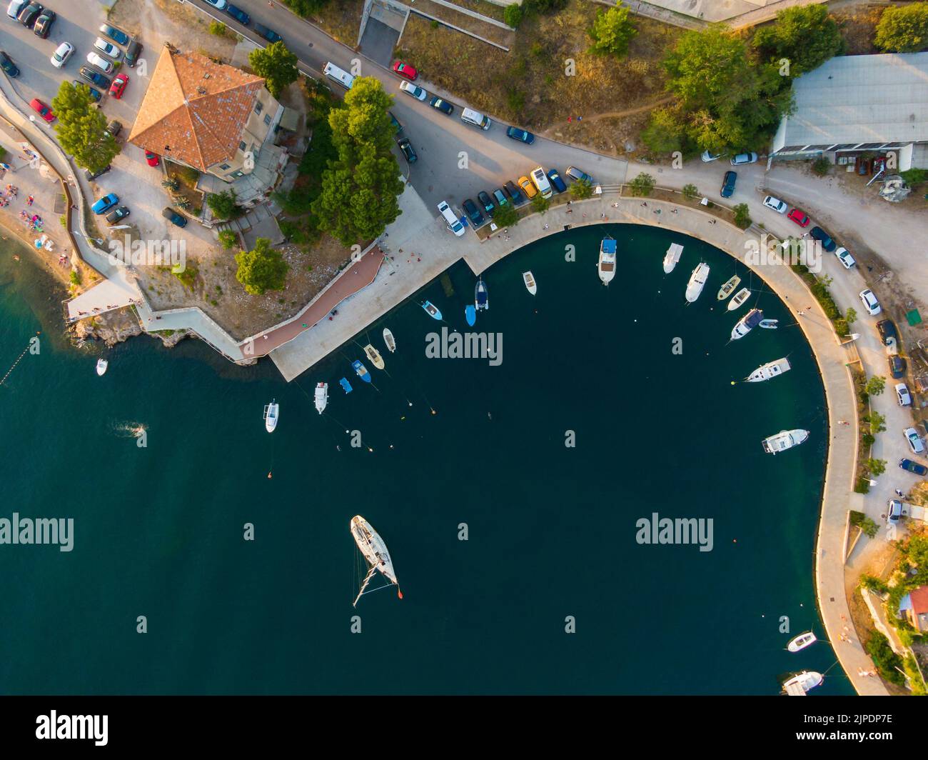Top down aerial drone view to Sibenik city harbor, croatia. Sea water ...