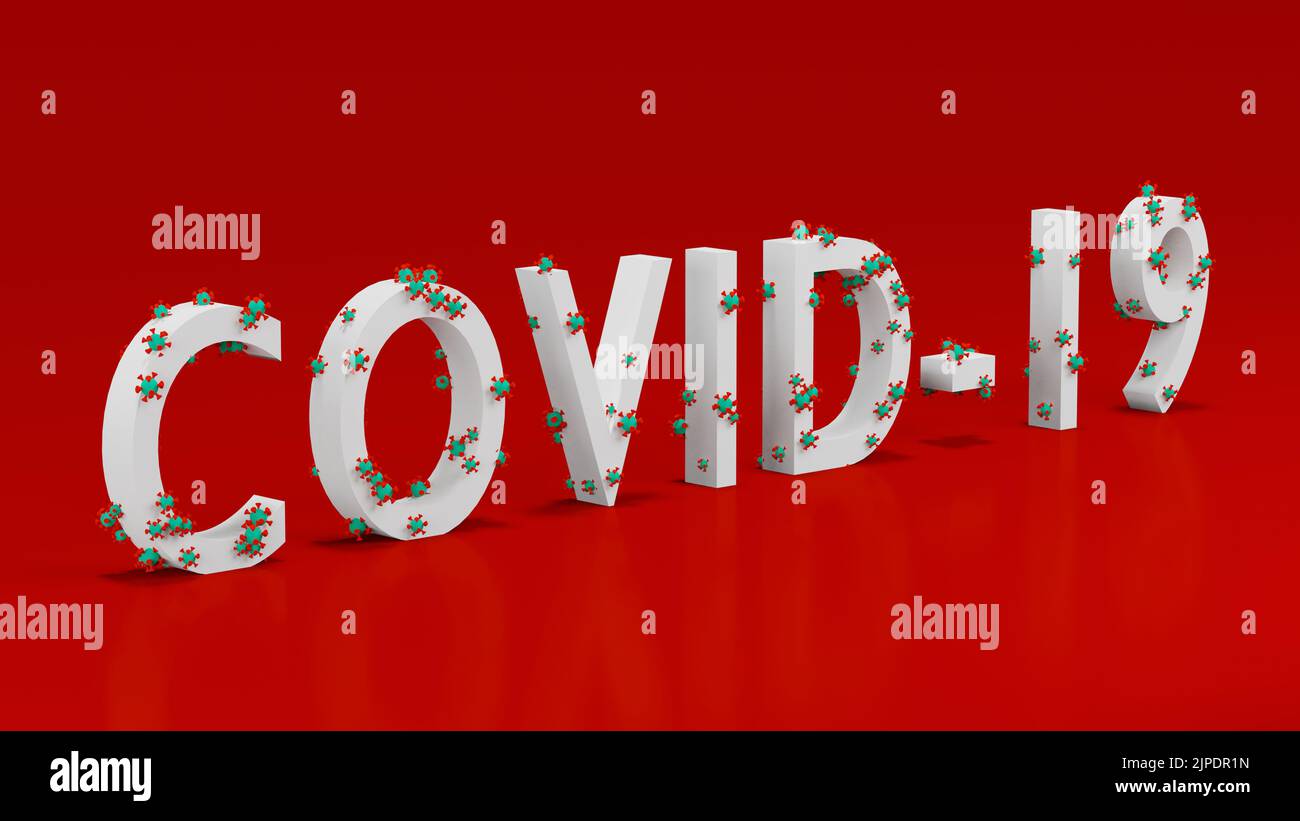 3D text "COVID-19" covered by model of virus molecule of green and red ...