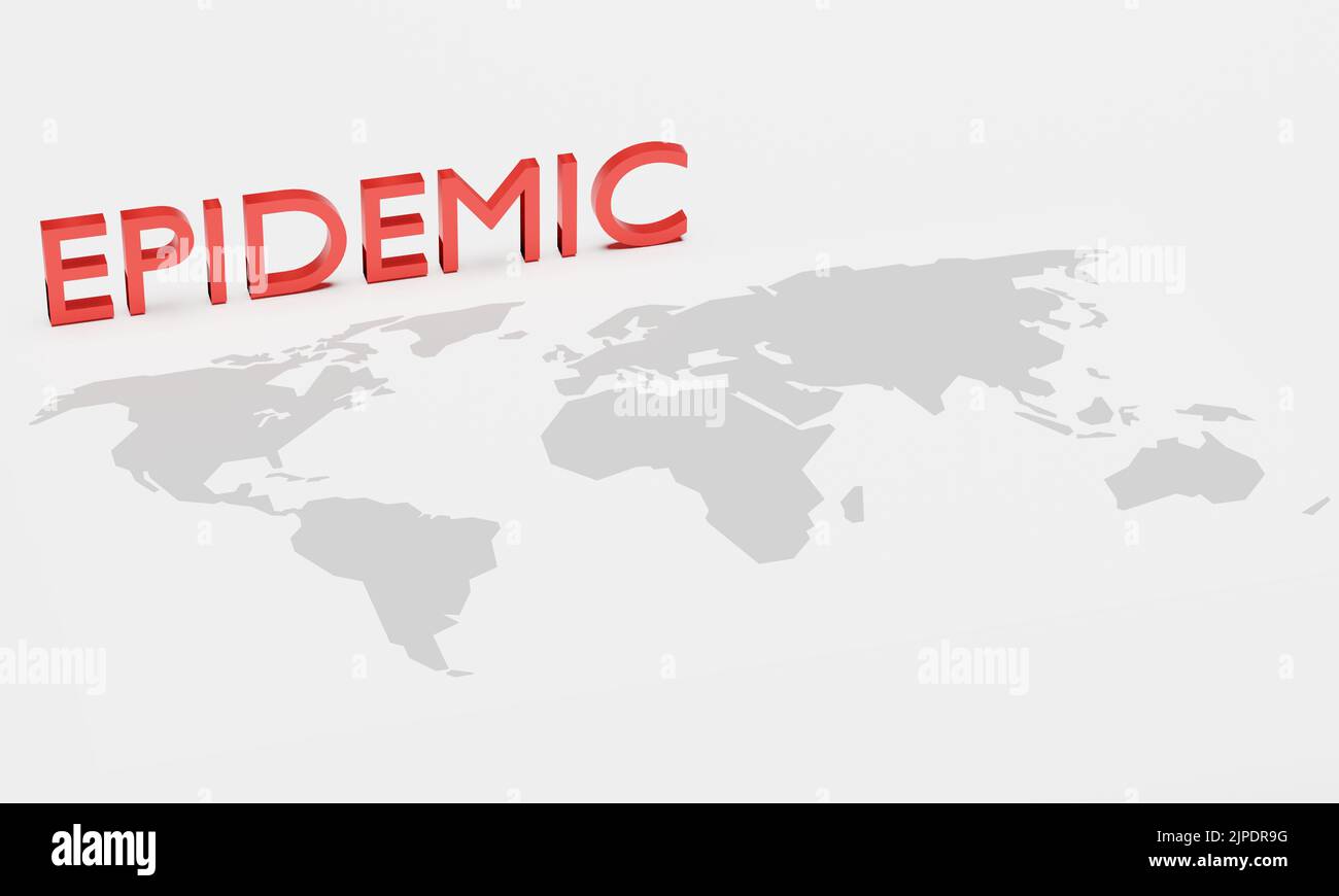 Red text "EPIDEMIC" placed above world map. Concept art of pandemic ...