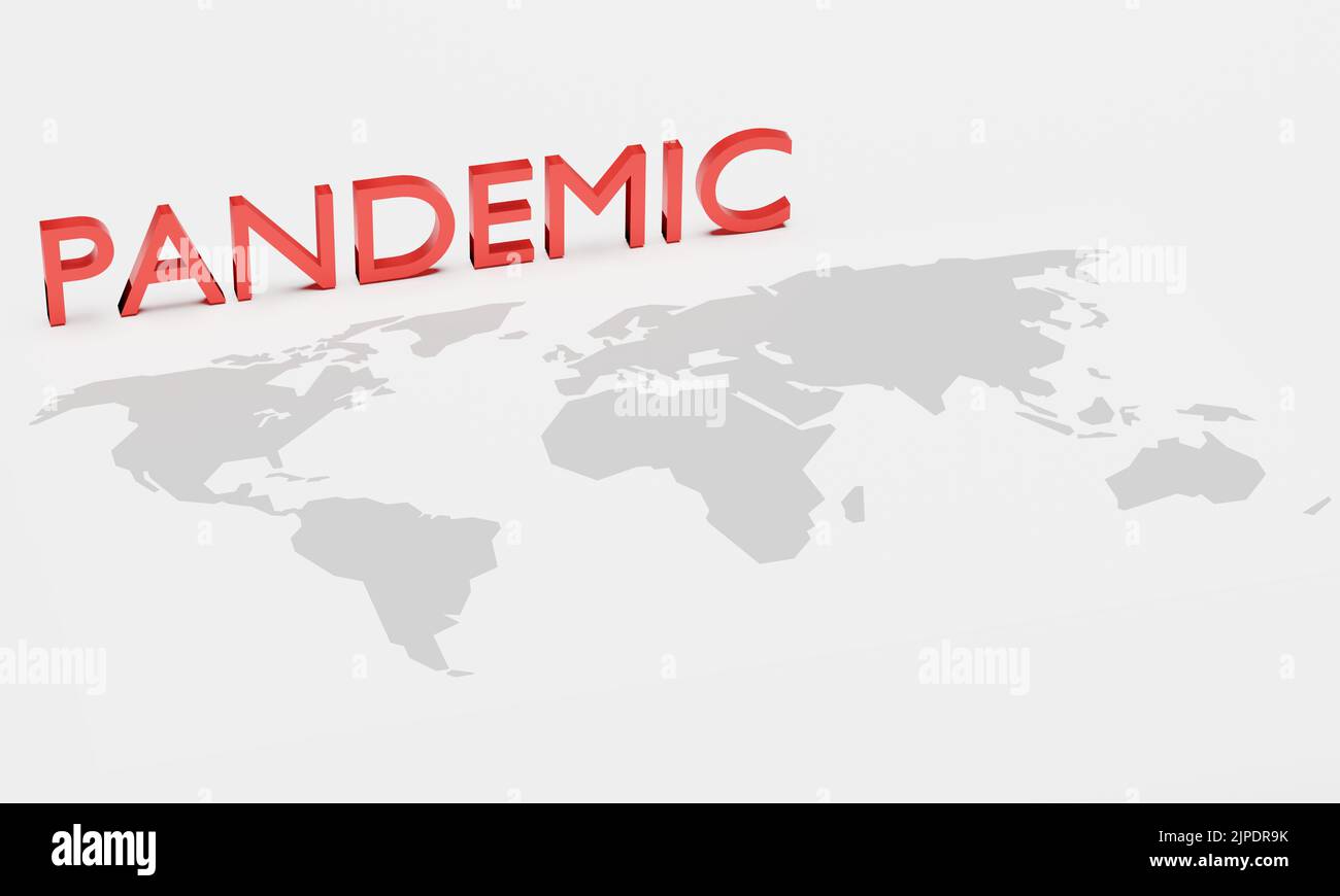 Red text "PANDEMIC" placed above world map. Concept art of pandemic ...