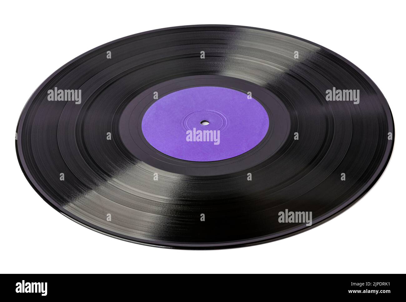 Black vinyl record with blank violet label isolated on white background ...