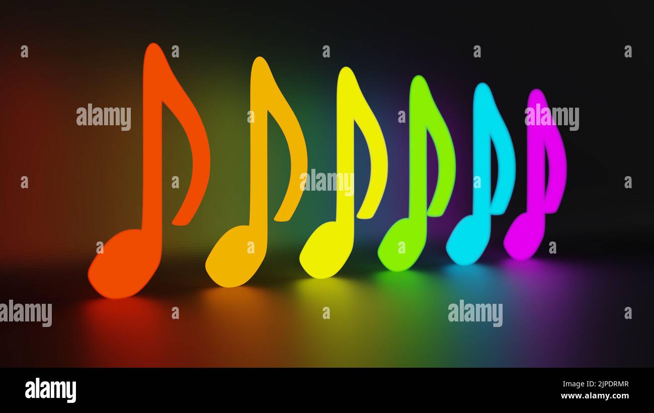 Glowing neon music notes of rainbow colors placed on black glossy ...
