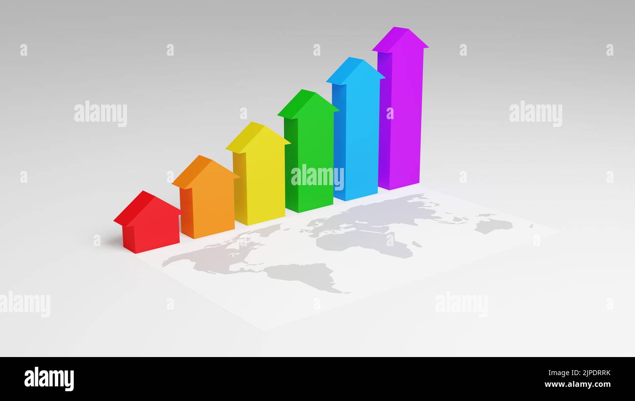 Rainbow colored arrows are growing from zero to up above the world map ...