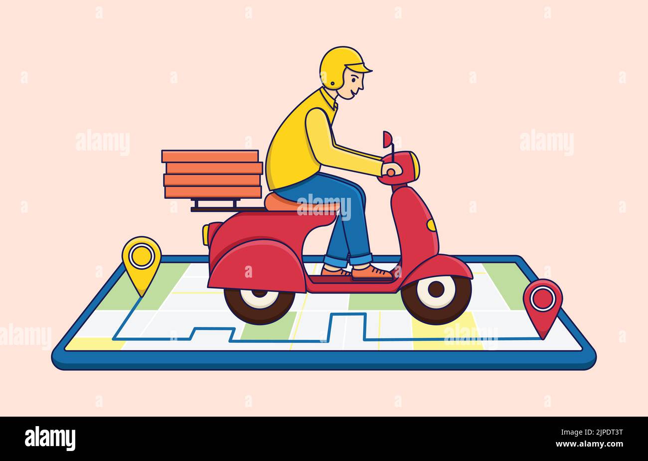 A pizza delivery person delivering food from point A to point B Stock ...