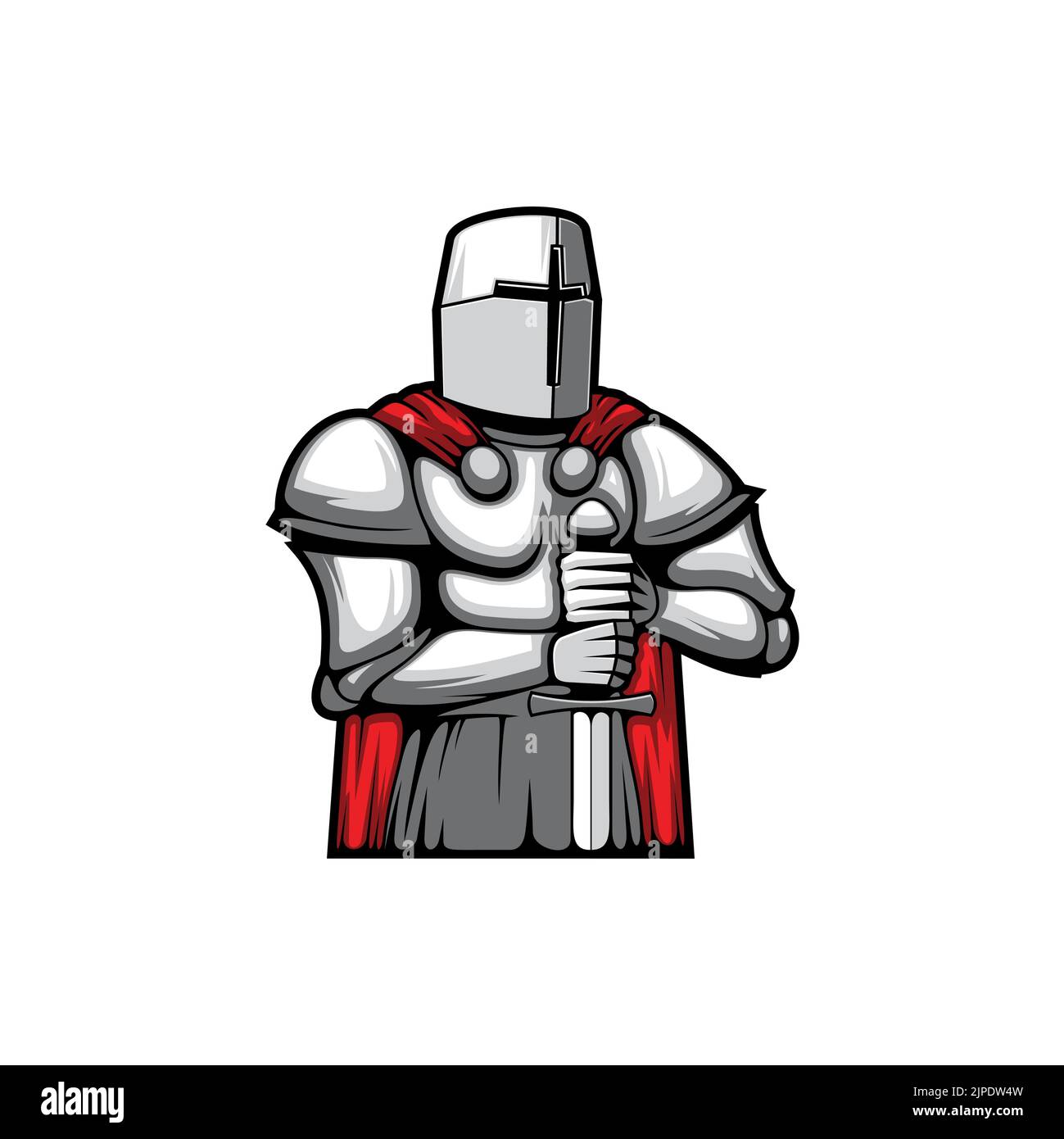 Knight in protective metal suit, with hands on sword isolated medieval ...