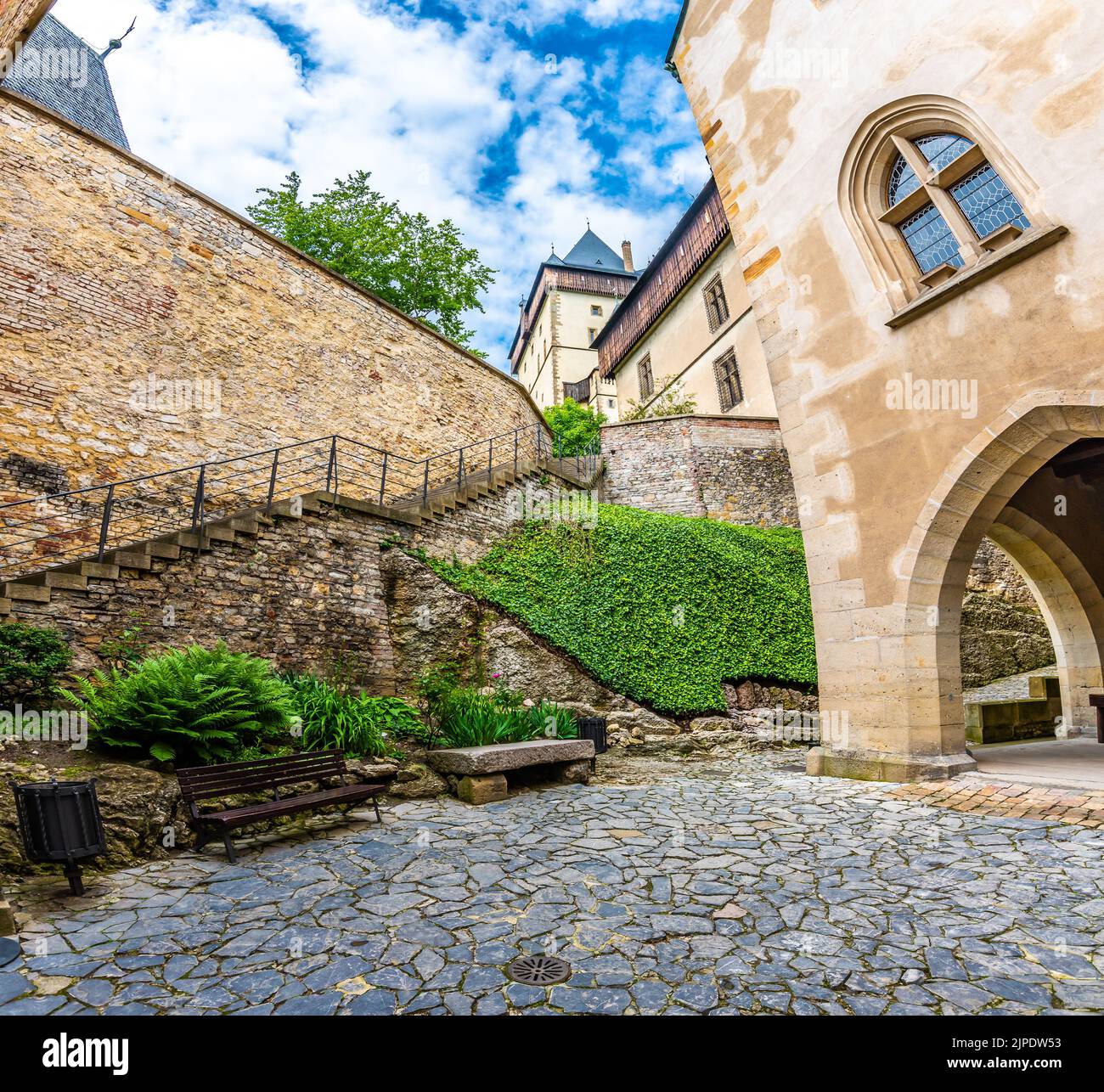 Famous medieval gothic castle Karlstejn on top of the hill. Beautiful ...