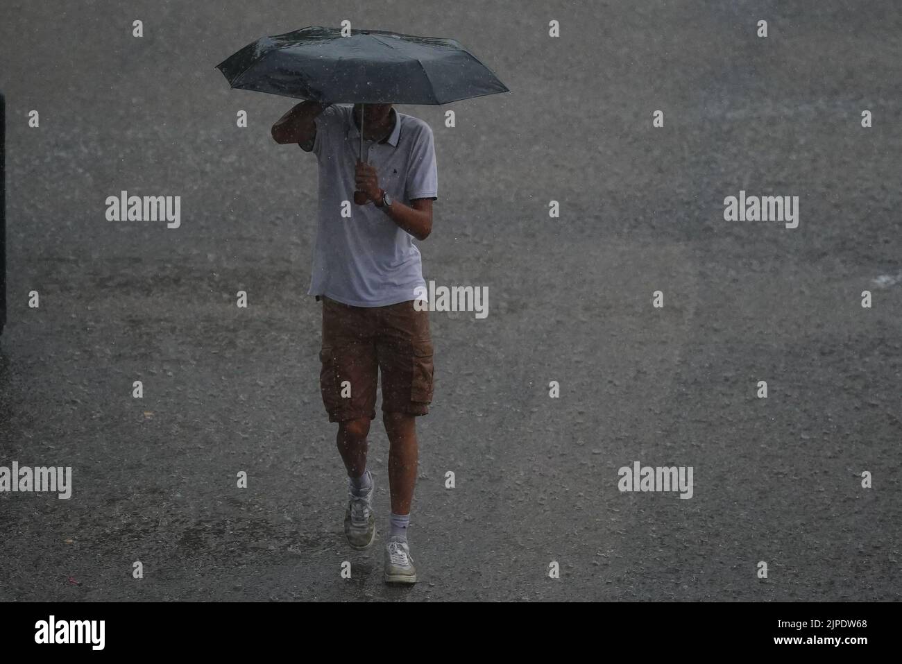 People with umbrellas walking in the rain in London. After weeks of ...